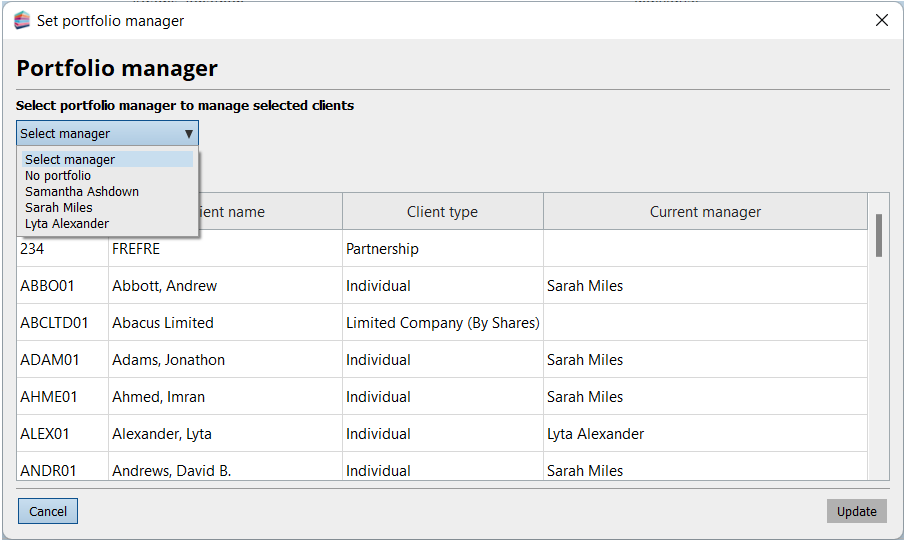 Setting the Portfolio Manager in Bulk - Knowledge Base - TaxCalc